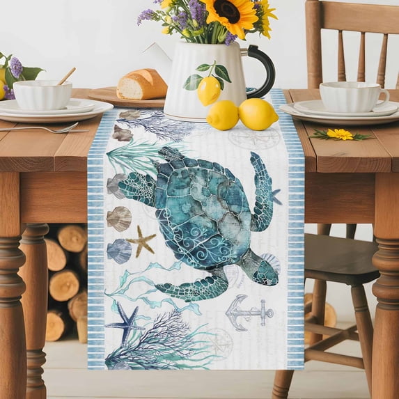 Burlap Table Runner 70 Inches Long, Marine Sea Turtle Starfish Shell ...