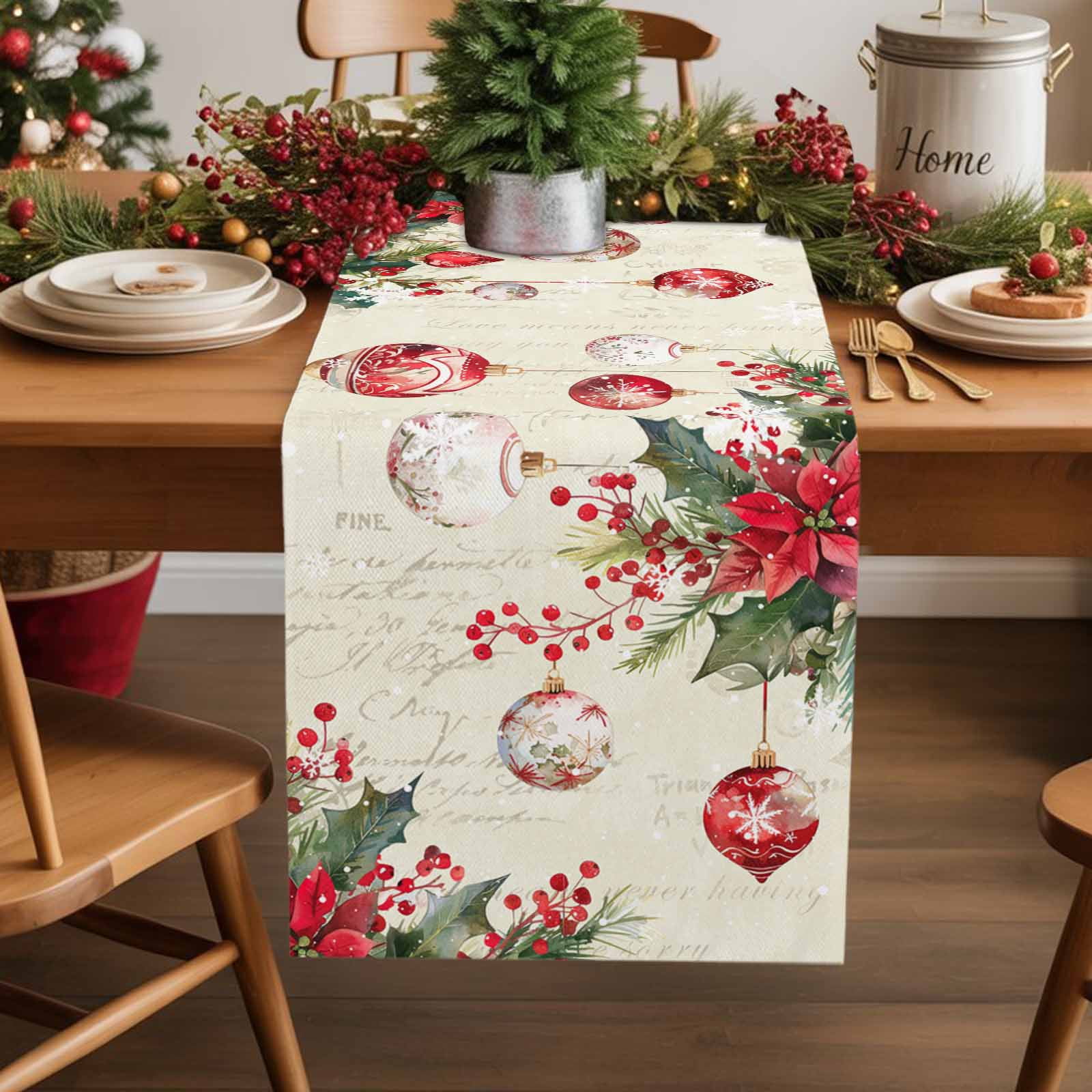Burlap Table Runner 70 Inches Long,Merry Christmas Bell Poinsettia ...