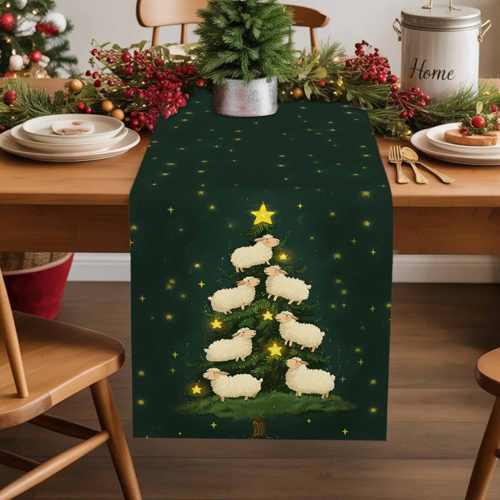Burlap Table Runner 70 Inches Long,Merry Christmas Sheep Xmas Tree Non ...