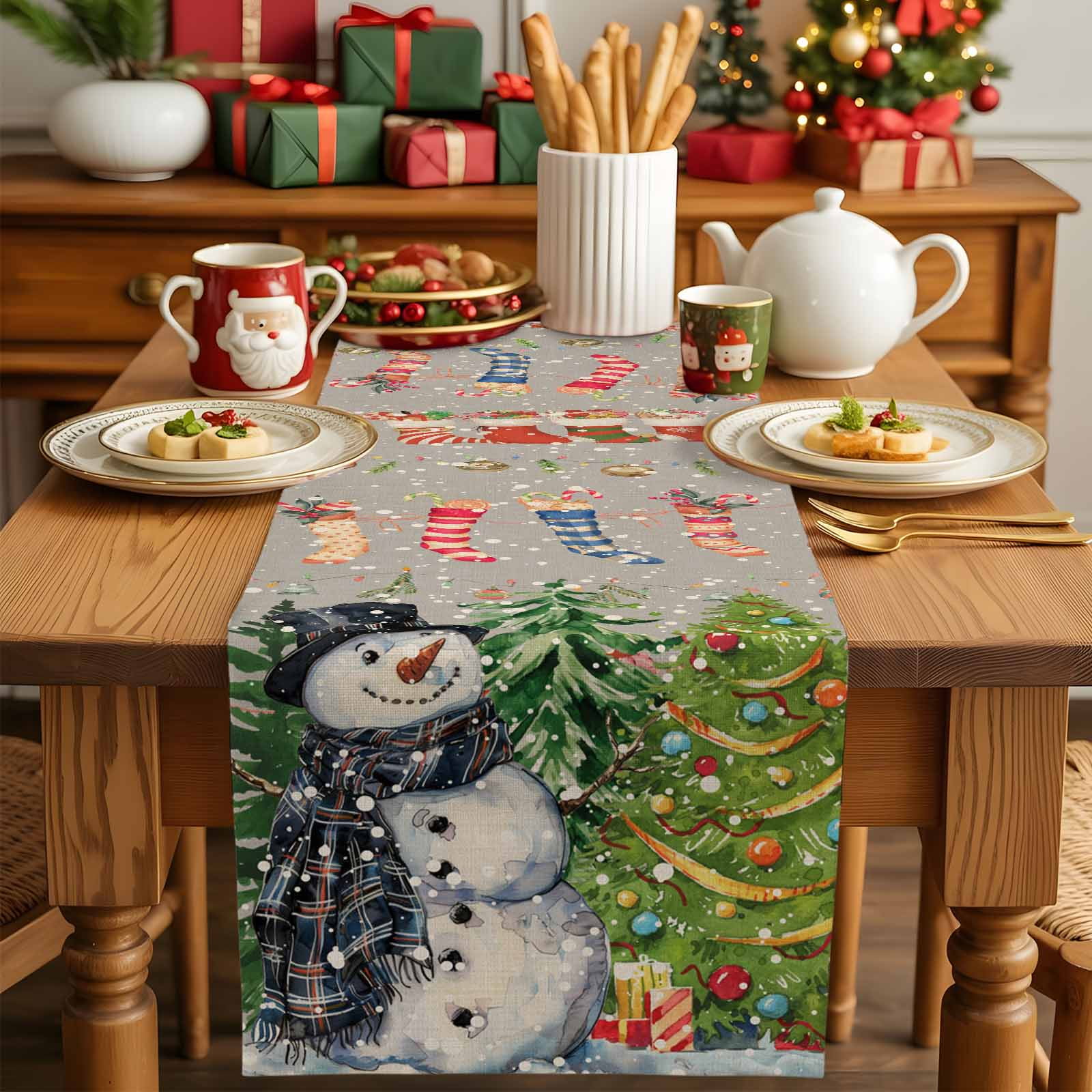 Burlap Table Runner 70 Inches Long,Merry Christmas Snowman Xmas Tree ...