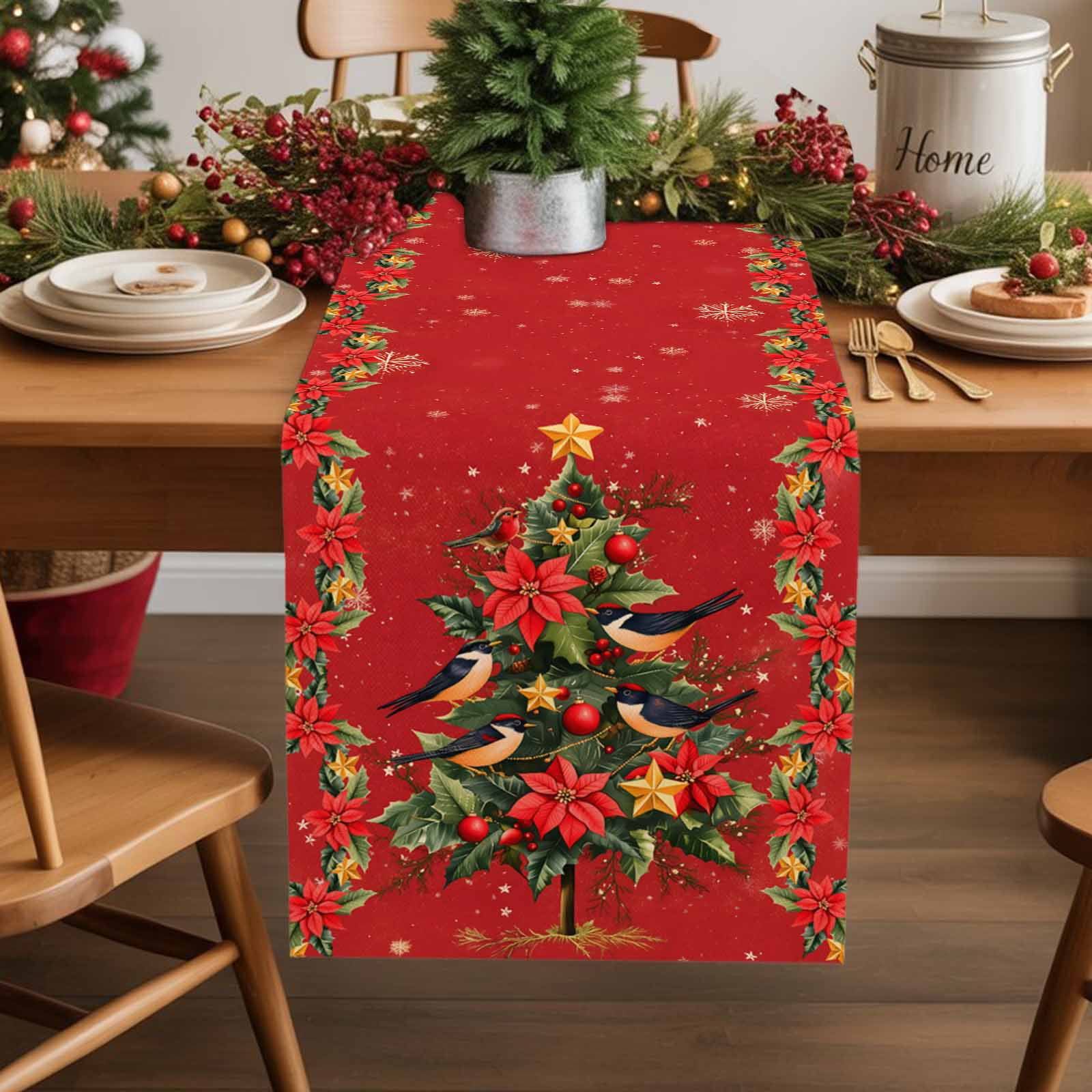 Burlap Table Runner 70 Inches Long,Merry Christmas Tree Red Poinsettia ...