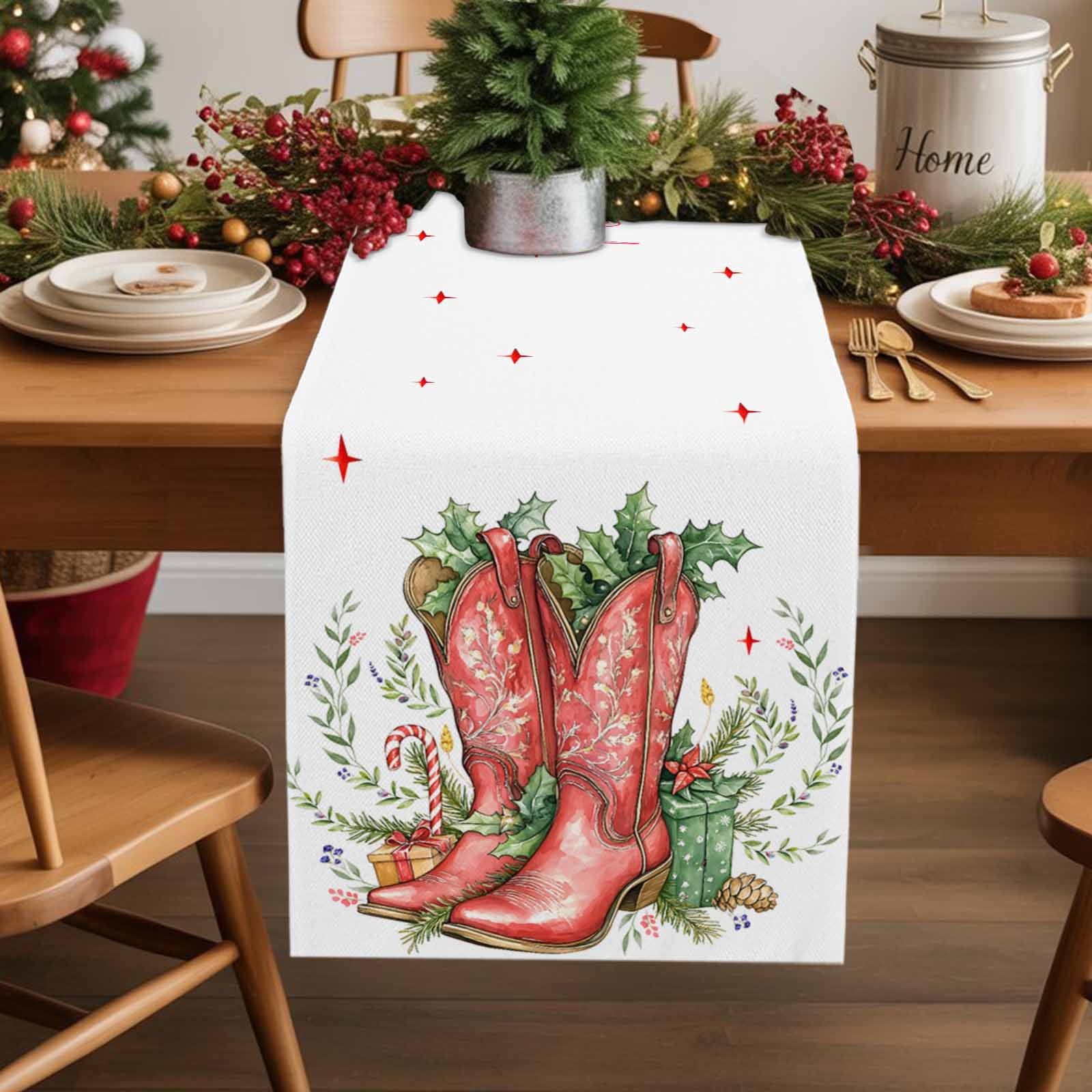 Burlap Table Runner 70 Inches Long,Merry Christmas Western Boots Non ...
