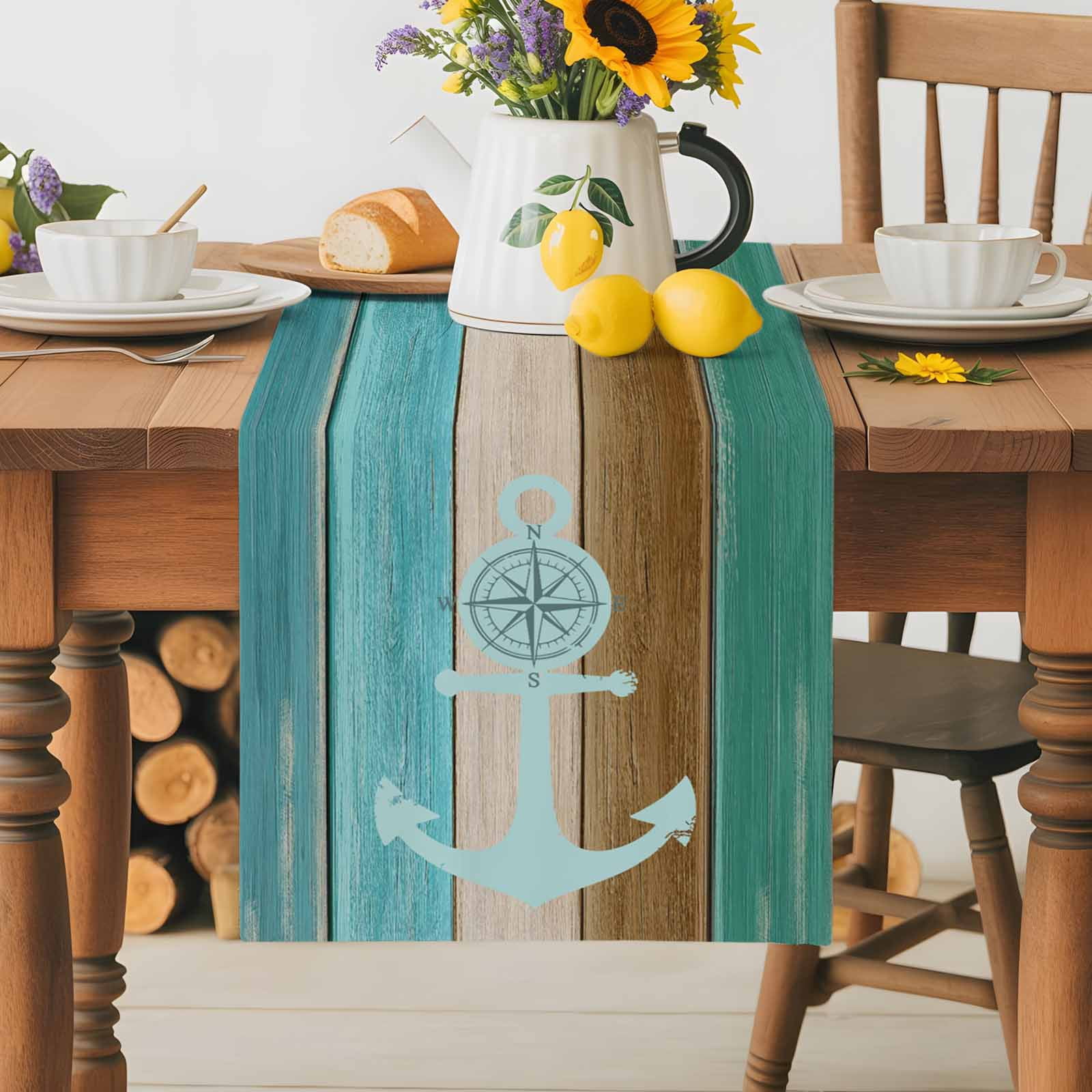 Burlap Table Runner 70 Inches Long,Nautical Coastal Anchor Compass Non ...