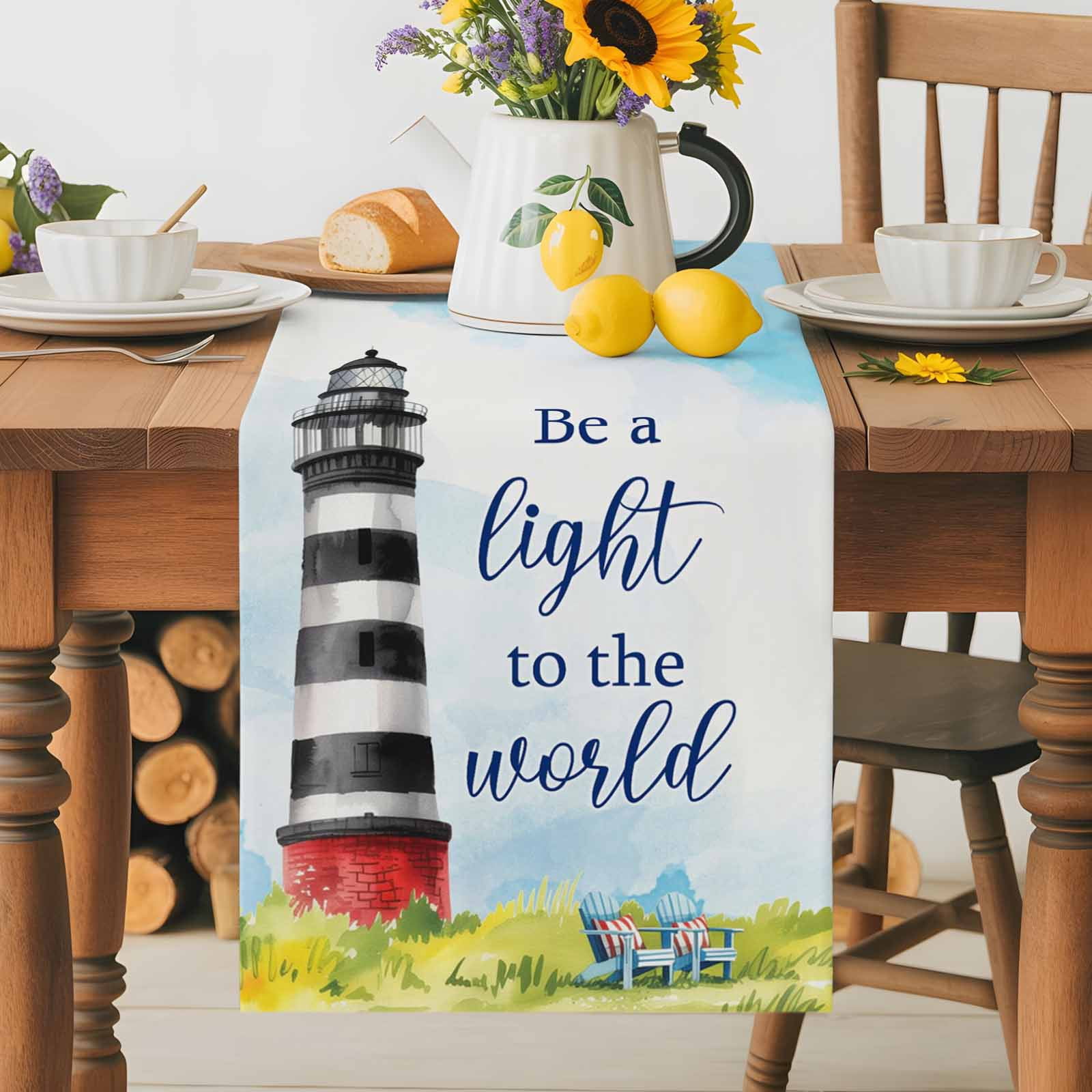 Burlap Table Runner 70 Inches Long, Nautical Lighthouse Blue Sky Cloud ...