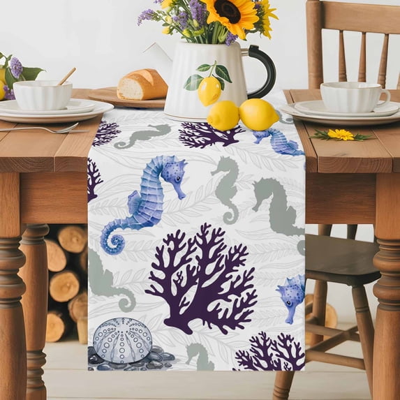 Burlap Table Runner 70 Inches Long, Nautical Ocean Seahorses Coral Non ...