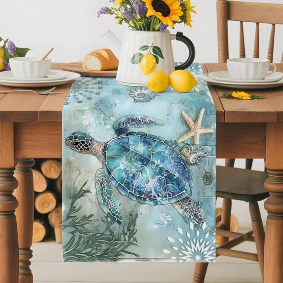 Burlap Table Runner 70 Inches Long, Nautical Retro Sea Turtle Starfish ...