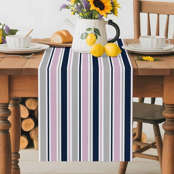 Burlap Table Runner 70 Inches Long, Navy Blue Gray Pnik Stripes Line ...
