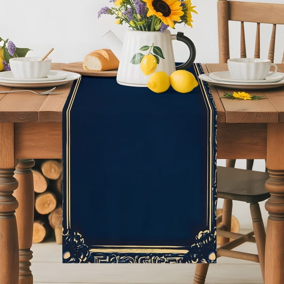 Burlap Table Runner 70 Inches Long, Navy Blue Retro Floral Border Non ...