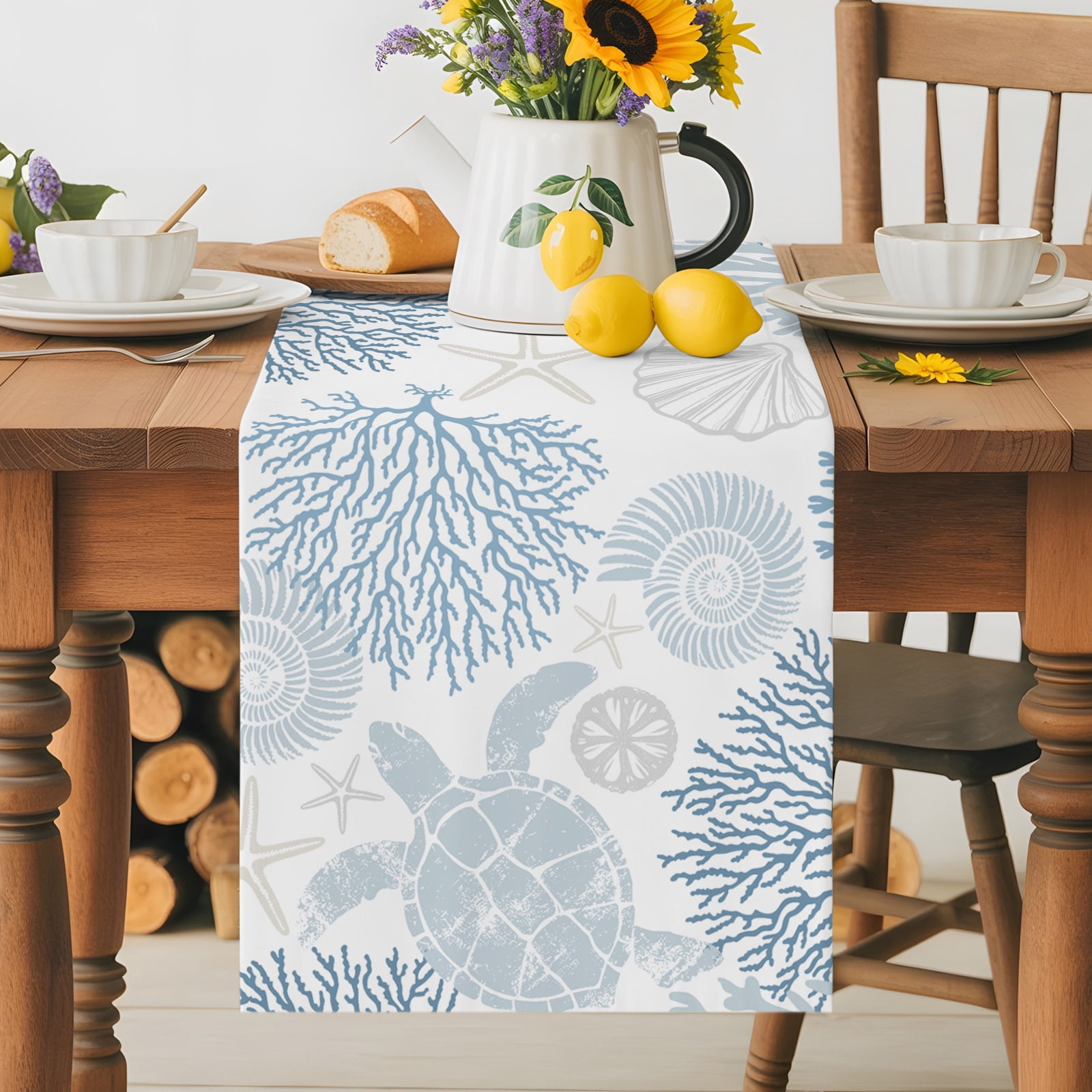Burlap Table Runner 70 Inches Long, Navy Blue Sea Turtle Corals Non ...