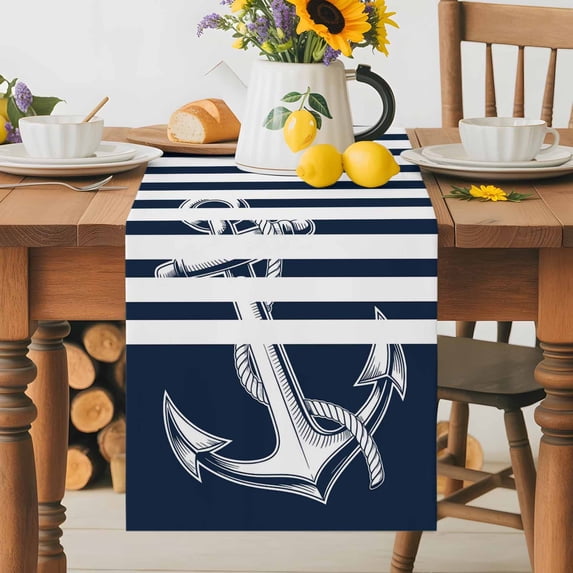 Burlap Table Runner 70 Inches Long, Navy Blue Stripe Summer Nautical ...