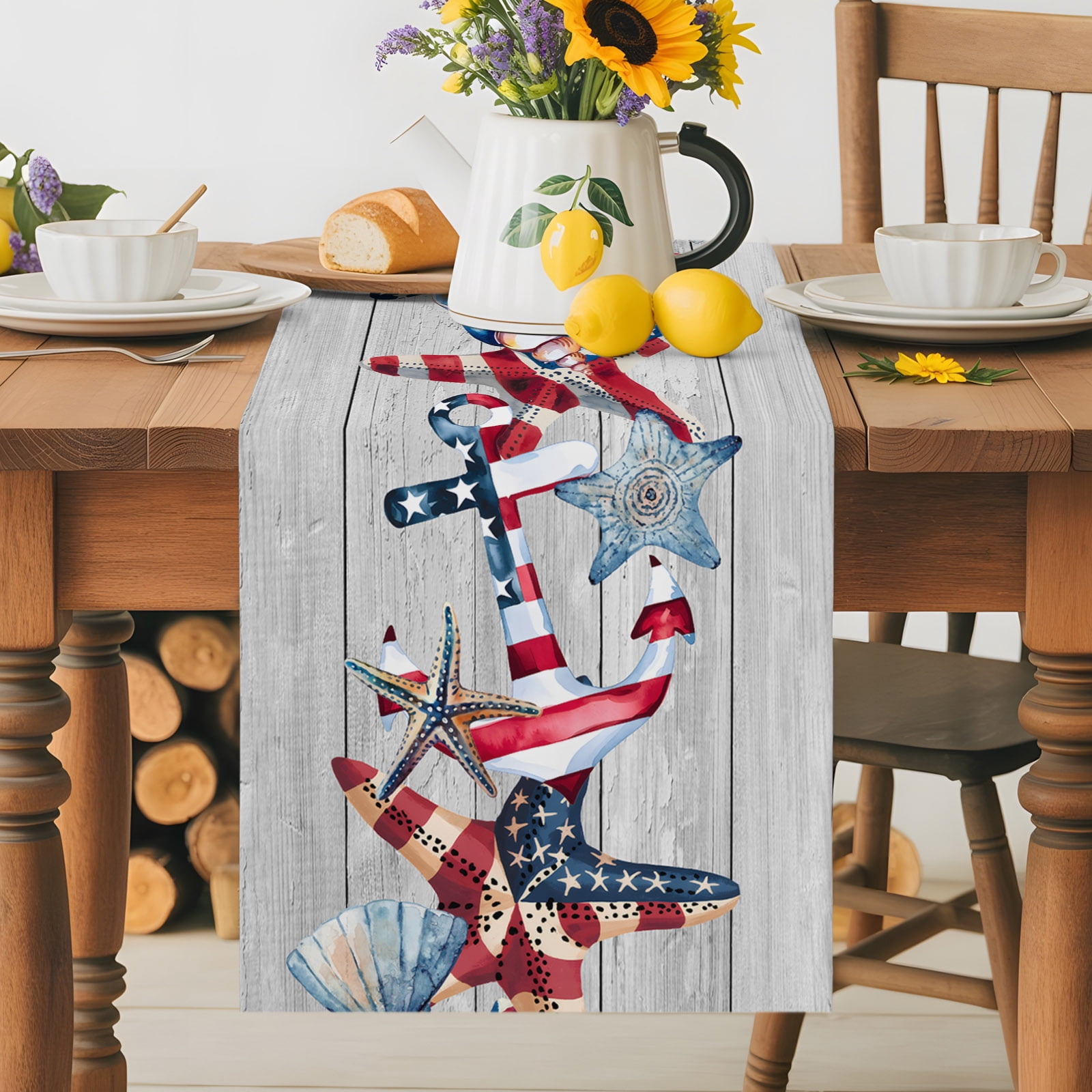 Burlap Table Runner 70 Inches Long, Ocean Life Anchor Starfish on Grey ...