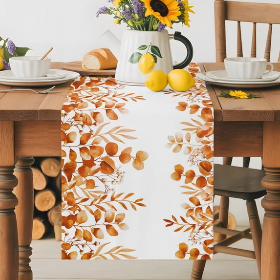 Burlap Table Runner 70 Inches Long, Orange Yellow Eucalyptus Leaves Non ...