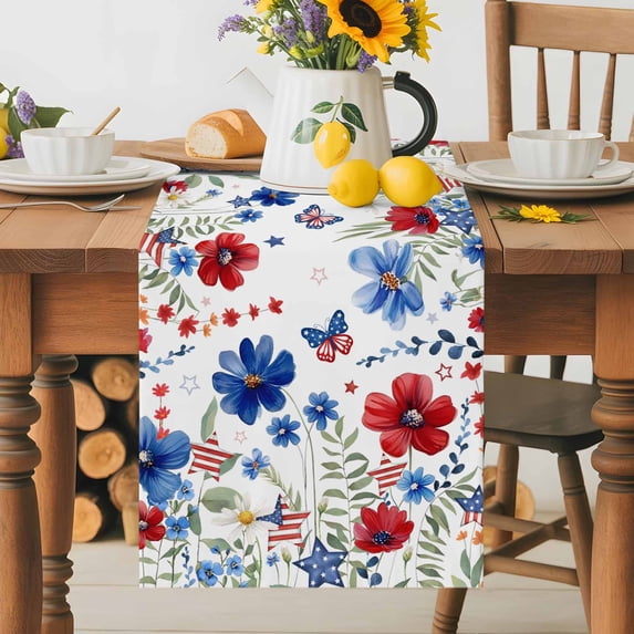 Burlap Table Runner 70 Inches Long, Pastoral American Flag Flowers Non ...