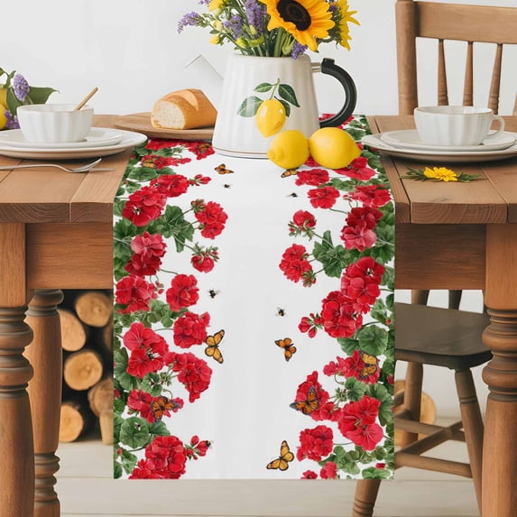 Burlap Table Runner 70 Inches Long, Pastoral Red Flower Green Leaf Non ...