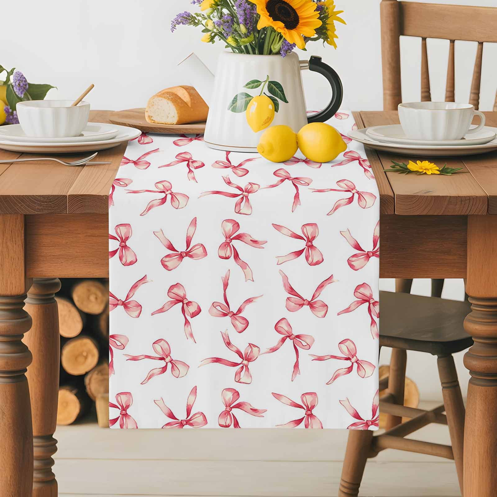 Burlap Table Runner 70 Inches Long,Pink Bow Seamless Non-Slip Kitchen ...
