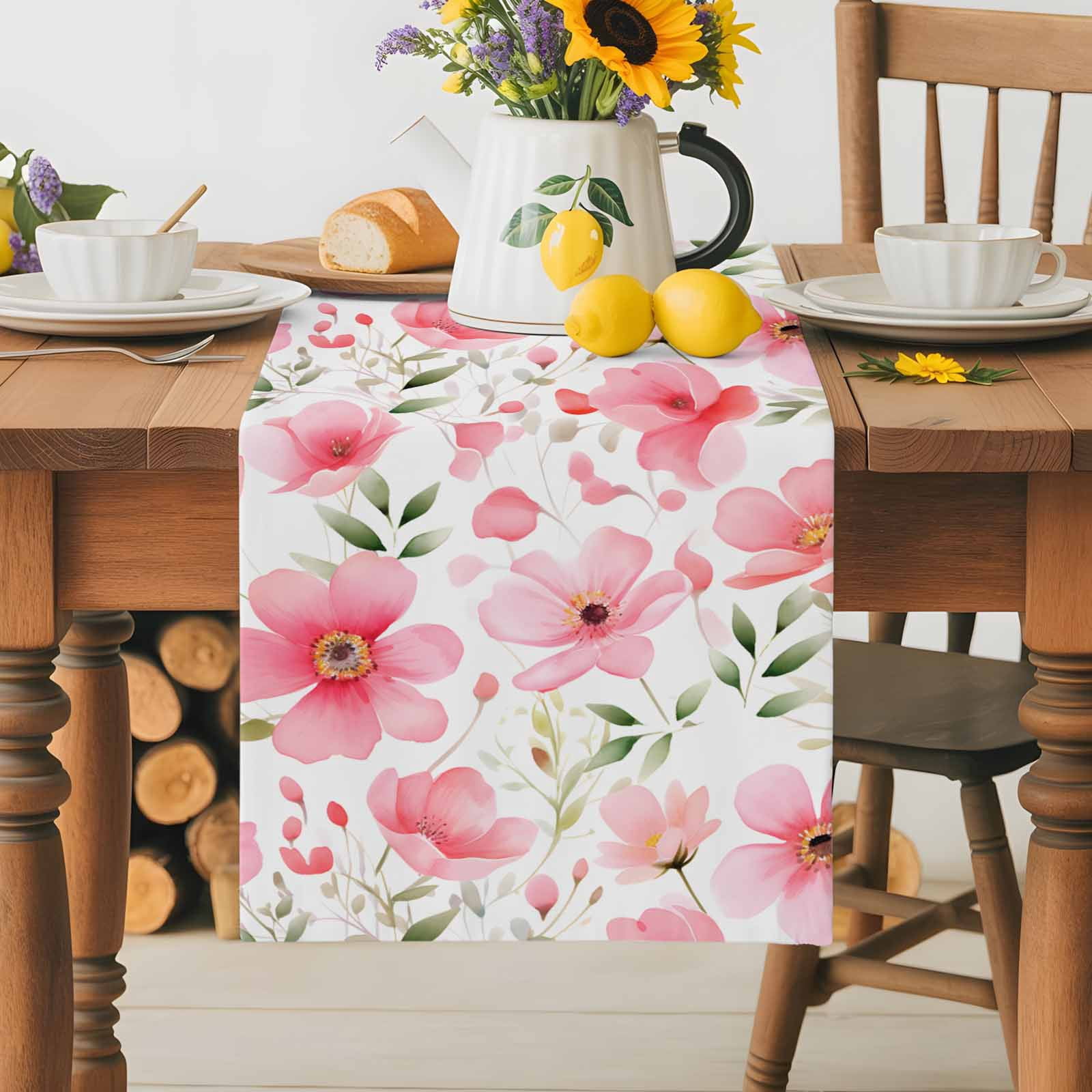 Burlap Table Runner 70 Inches Long,Pink Flower Spring Blossom Floral ...