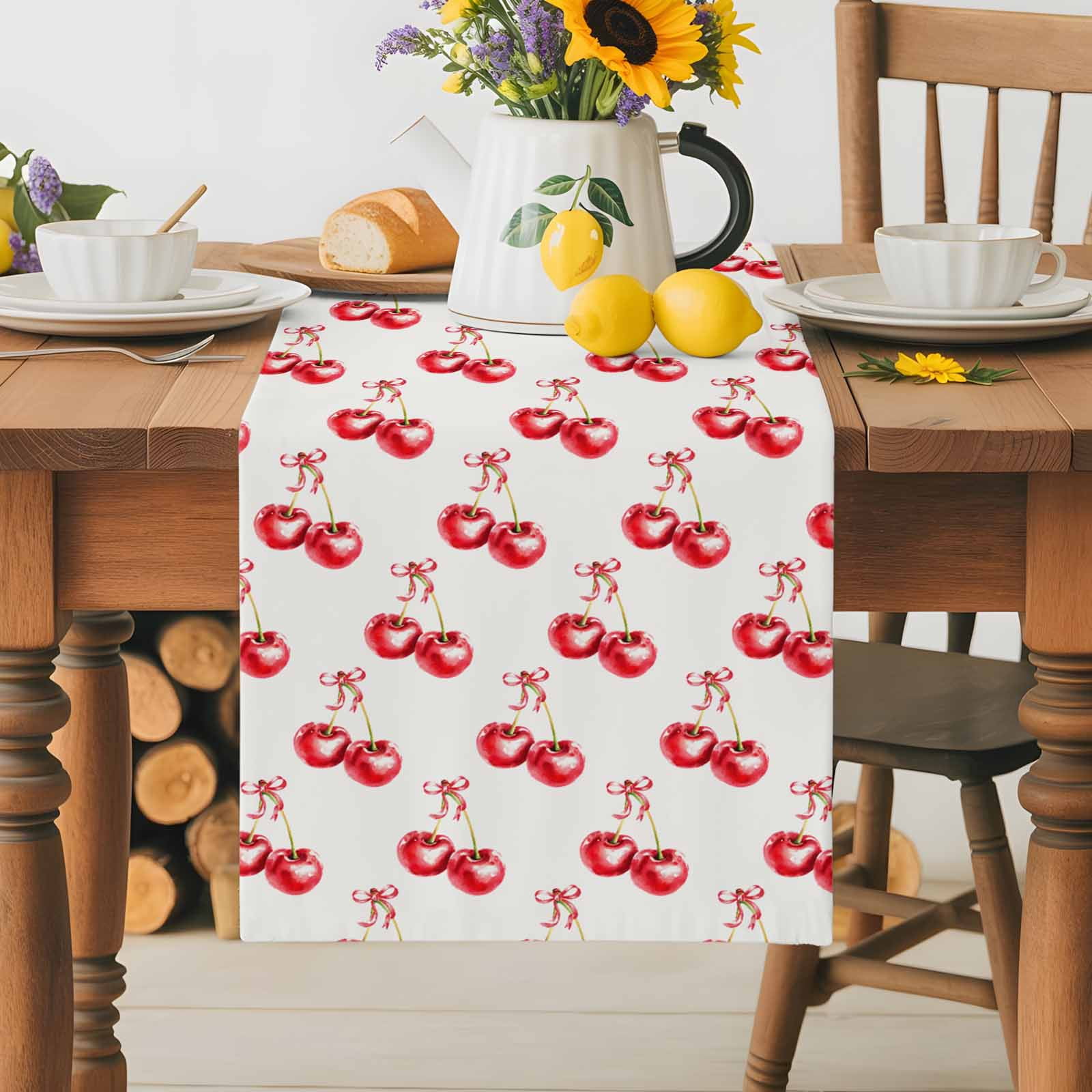 Burlap Table Runner 70 Inches Long, Red Cherry Fruit Seamless Non-Slip ...