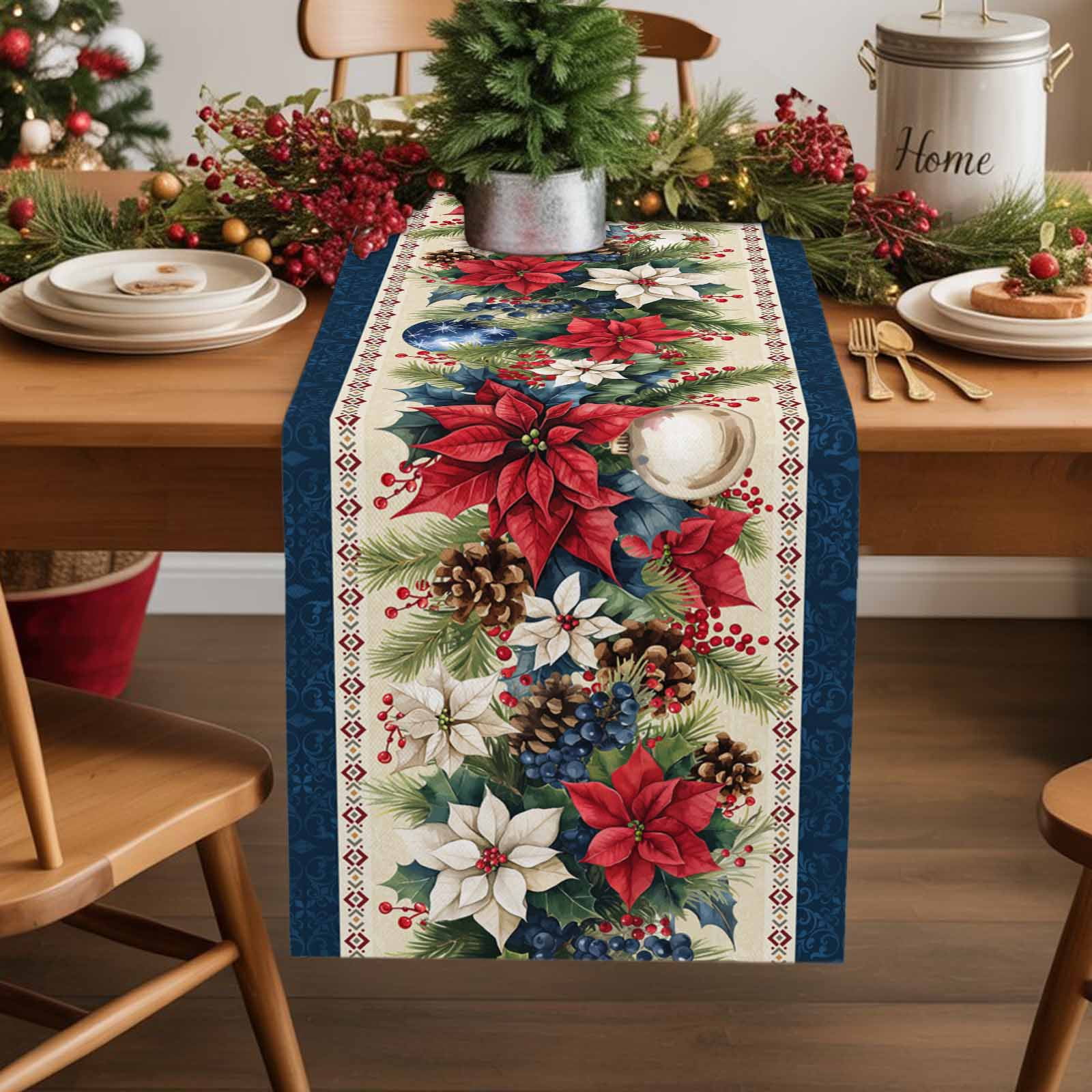 Burlap Table Runner 70 Inches Long,Red Poinsettia Christmas Berry Fir ...
