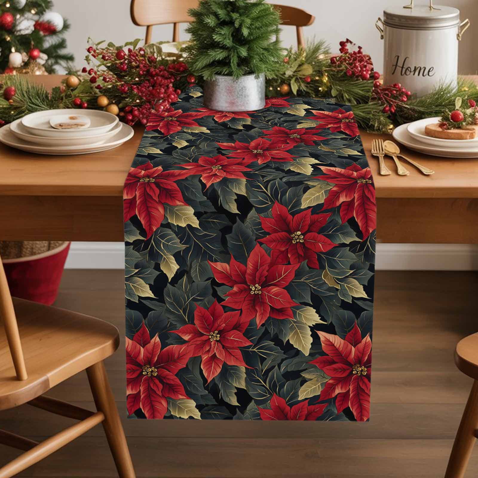 Burlap Table Runner 70 Inches Long,Red Poinsettia Christmas Flower Non ...