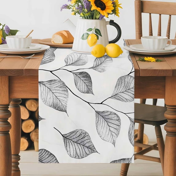 Burlap Table Runner 70 Inches Long, Retro Black Leaves Non-Slip Kitchen ...