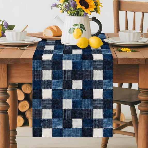 Burlap Table Runner 70 Inches Long, Retro Blue Black Buffalo Check Non ...
