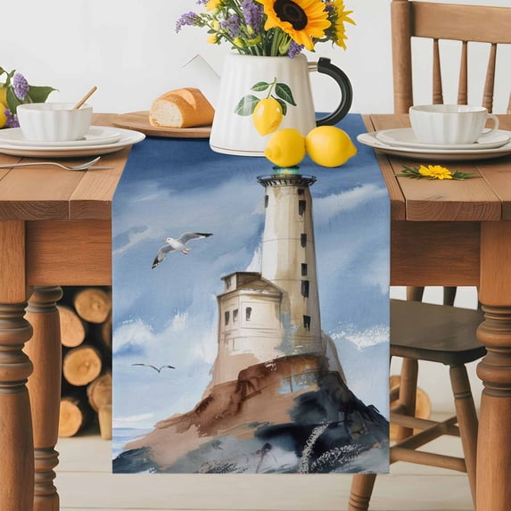 Burlap Table Runner 70 Inches Long, Retro Lighthouse Oil Painting Art ...