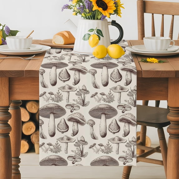 Burlap Table Runner 70 Inches Long, Retro Wild Mushroom Monochrome Non ...