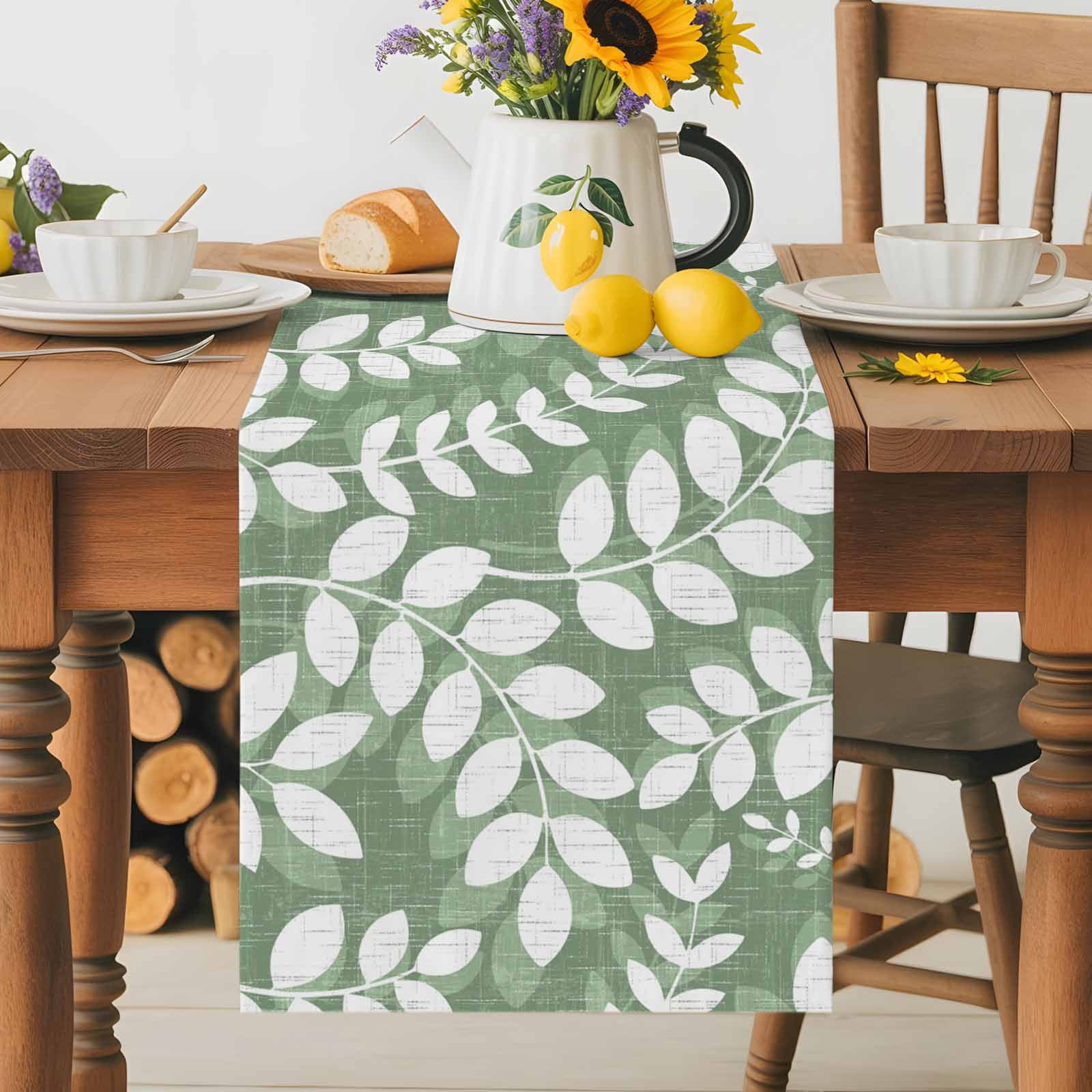 Burlap Table Runner 70 Inches Long, Rustic Leaves Branch on Sage Green ...
