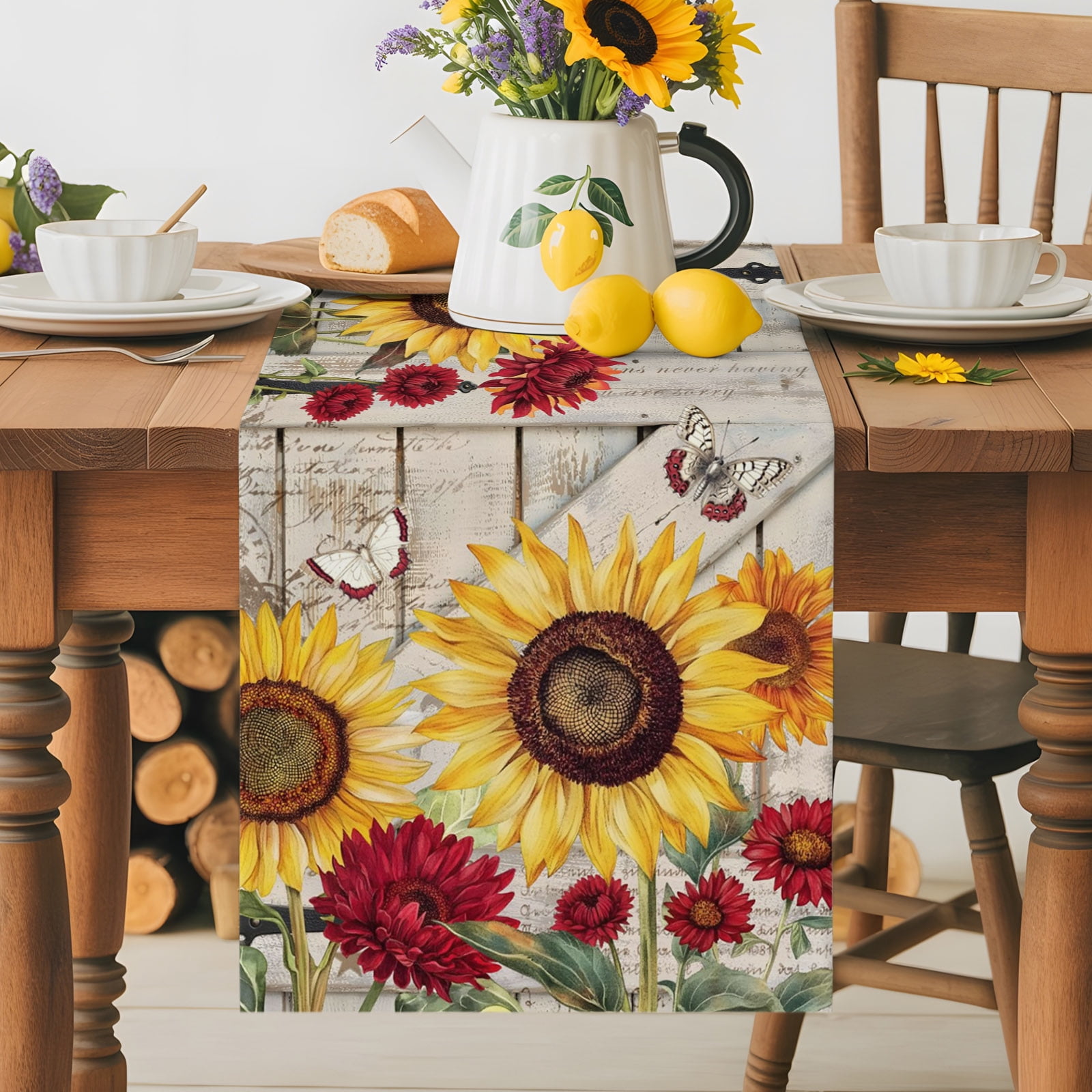 Burlap Table Runner 70 Inches Long, Rustic Yellow Red Sunflower Non ...