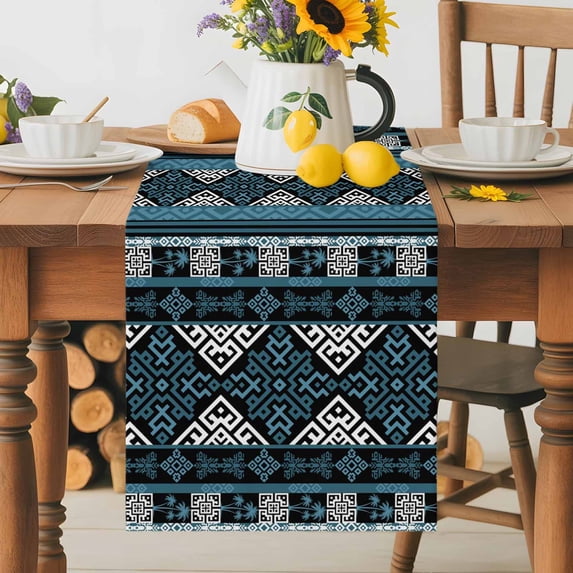 Burlap Table Runner 70 Inches Long, Southwestern Aztec Blue Geometric ...