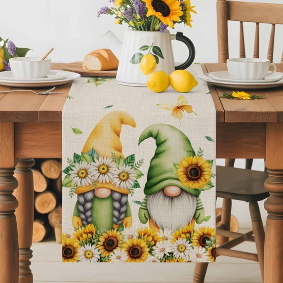 Burlap Table Runner 70 Inches Long, Spring Blossom Flower Farm Gnome ...