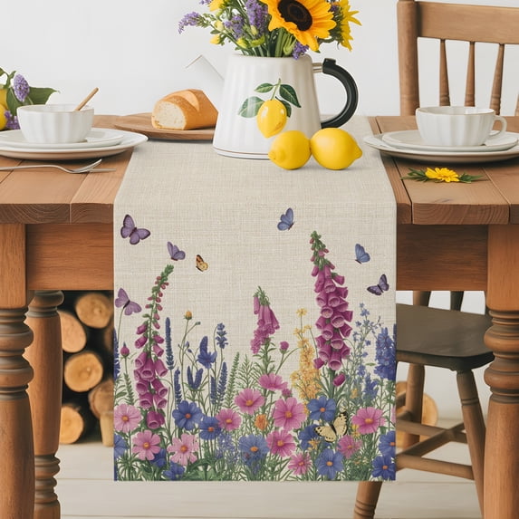 Burlap Table Runner 70 Inches Long, Spring Blue Purple Flower Butterfly ...