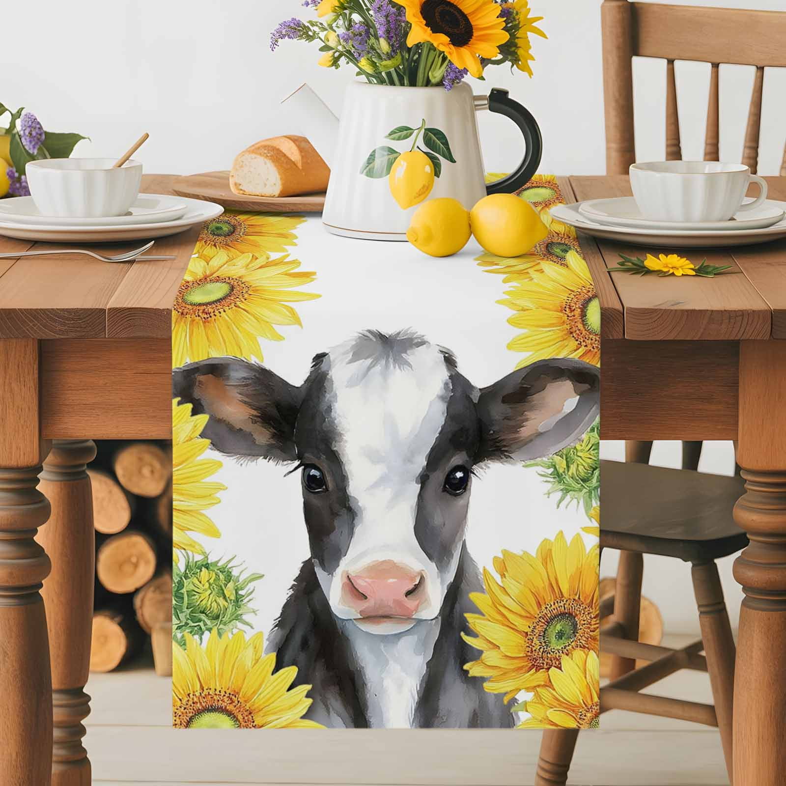 Burlap Table Runner 70 Inches Long, Spring Cow Sunflower Non-Slip ...