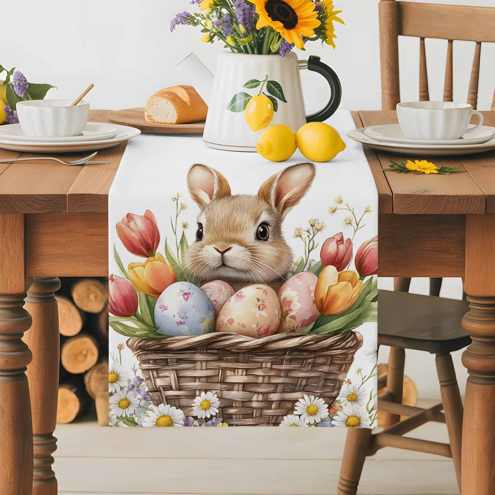 Burlap Table Runner 70 Inches Long,Spring Easter Egg Bunny on White Non ...