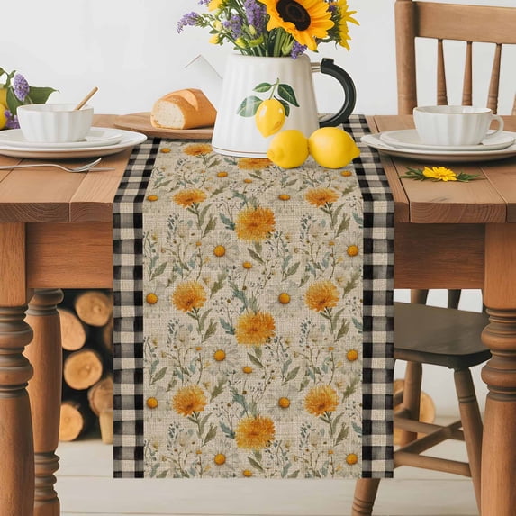 Burlap Table Runner 70 Inches Long, Spring Flowers Leaves Plaid on ...