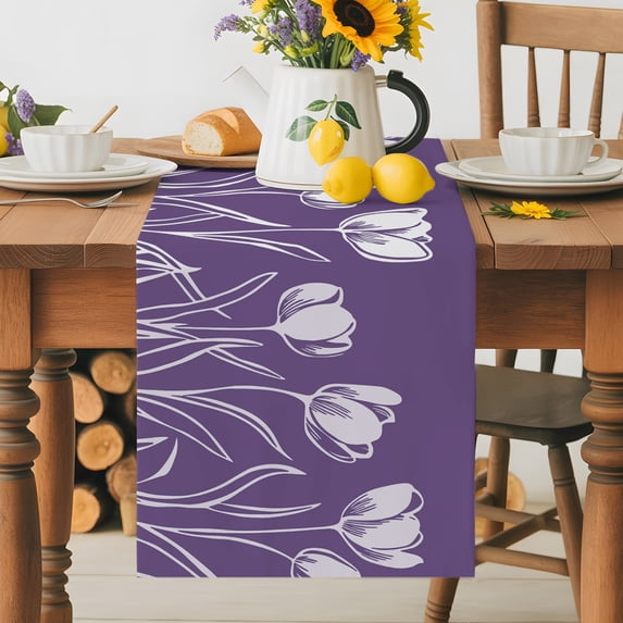 Burlap Table Runner 70 Inches Long, Spring Garden Tulip on Purple Non ...