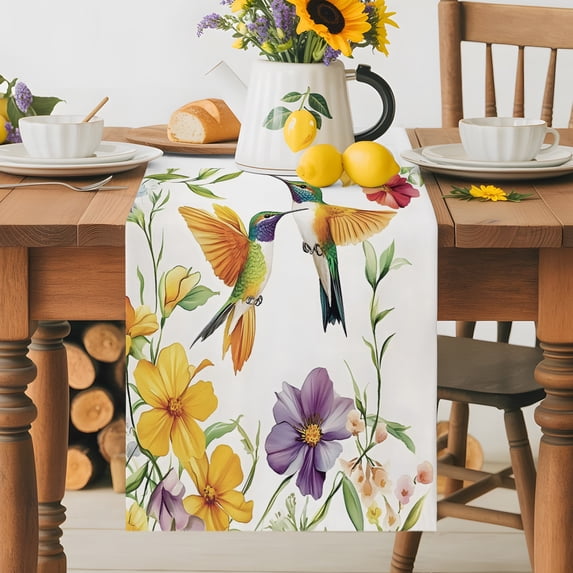 Burlap Table Runner 70 Inches Long, Spring Hummingbird Watercolor ...
