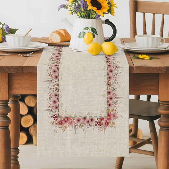 Burlap Table Runner 70 Inches Long, Spring Pink Floral Vintage Linen ...