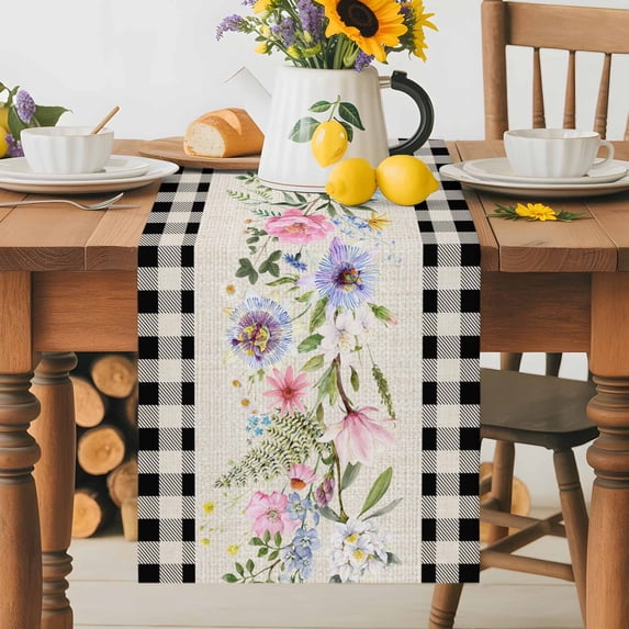 Burlap Table Runner 70 Inches Long, Spring Summer Floral Leaves on ...