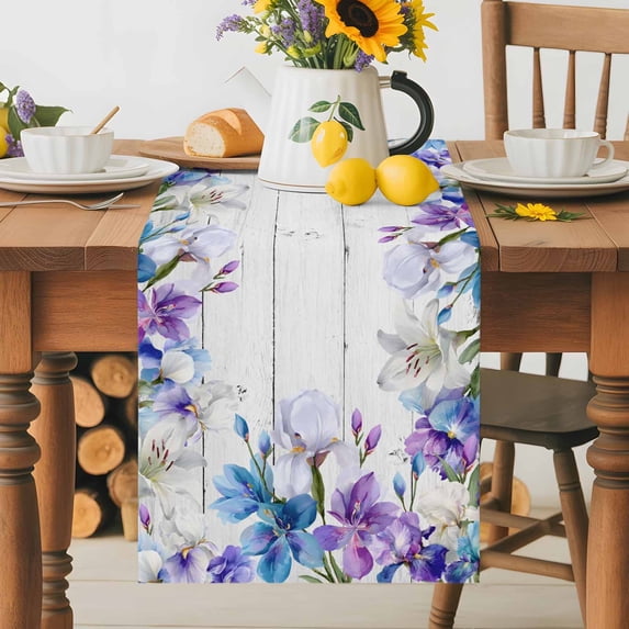 Burlap Table Runner 70 Inches Long, Spring Watercolor Iris Lily Flower ...