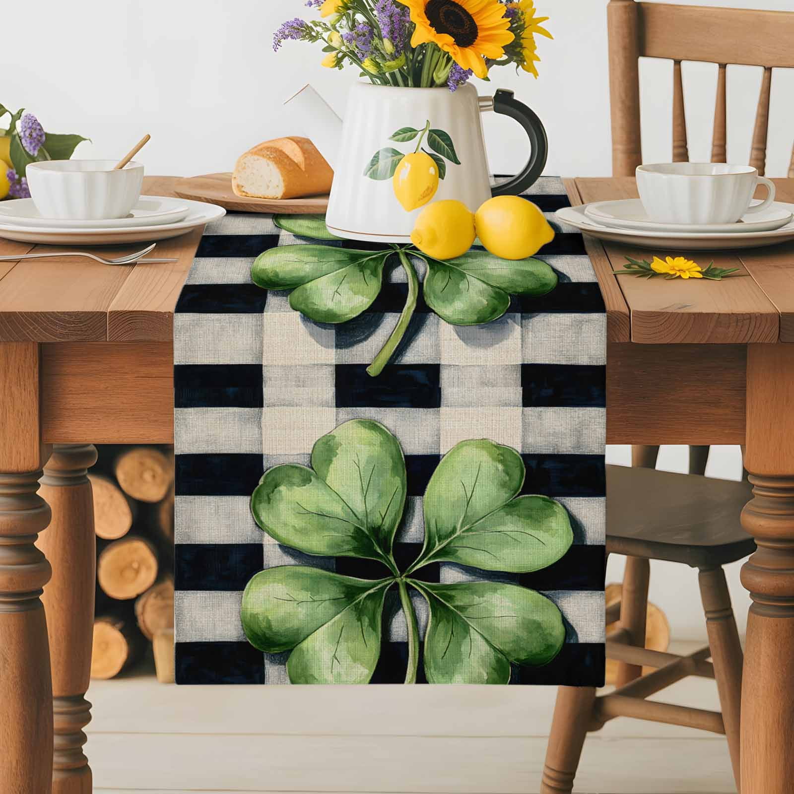 Burlap Table Runner 70 Inches Long,St. Patrick's Day Watercolor Leaves ...