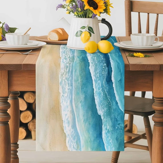 Burlap Table Runner 70 Inches Long, Summer Beach Blue Gradient Wave Non ...
