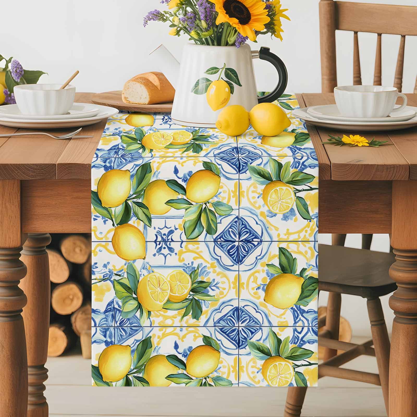 Burlap Table Runner 70 Inches Long, Summer Farmhouse Lemon Fruit Leaf ...