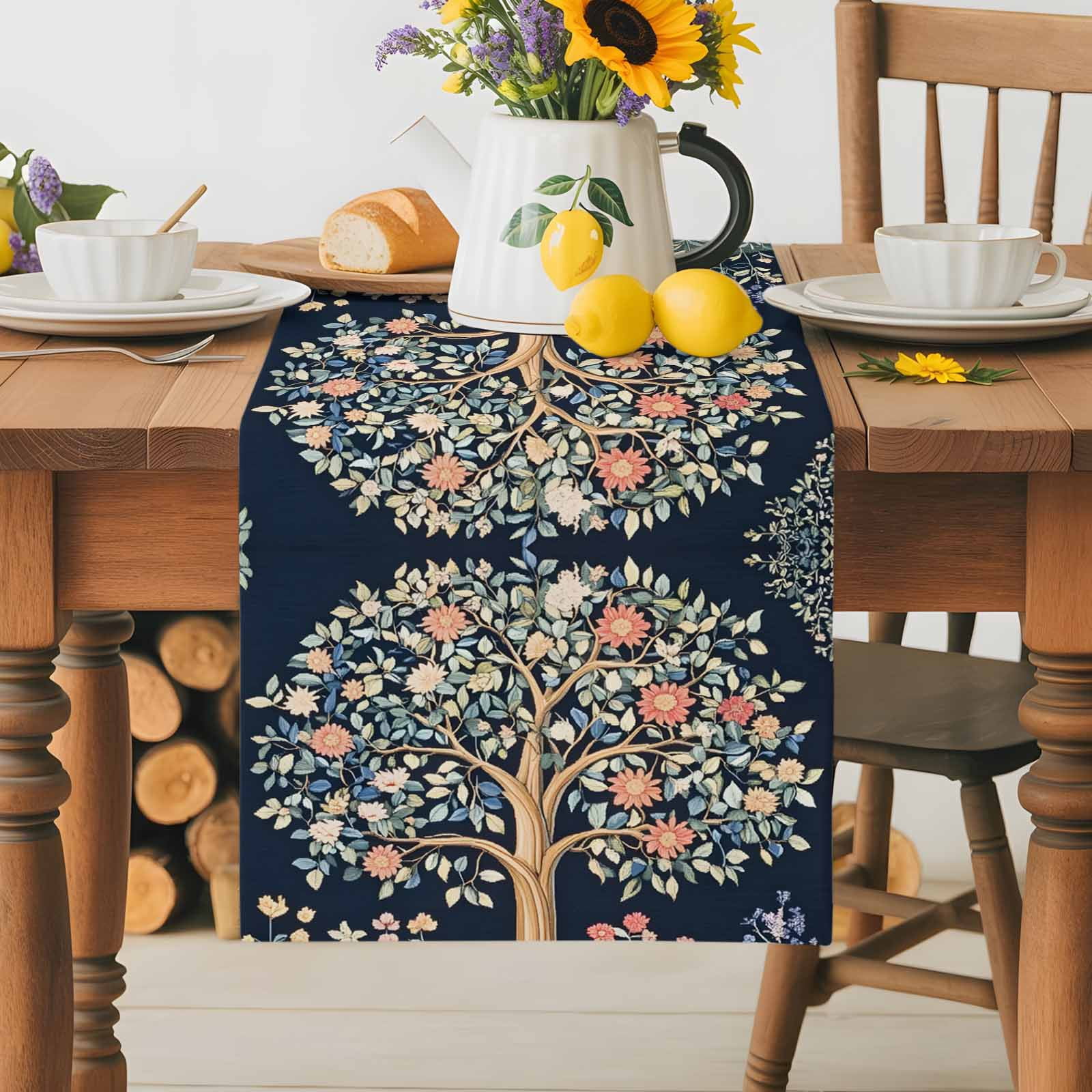 Burlap Table Runner 70 Inches Long,Summer Flower Tree Non-Slip Kitchen ...