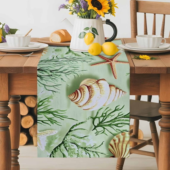 Burlap Table Runner 70 Inches Long, Summer Ocean Seaweed Shell Non-Slip ...