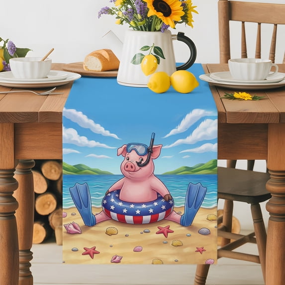 Burlap Table Runner 70 Inches Long, Summer Snorkeling Pig Fun Animal ...