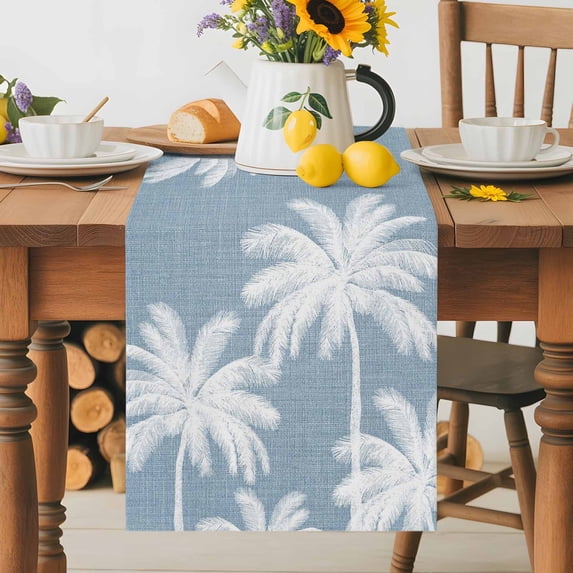 Burlap Table Runner 70 Inches Long, Summer Tropical Palm Tree Blue ...