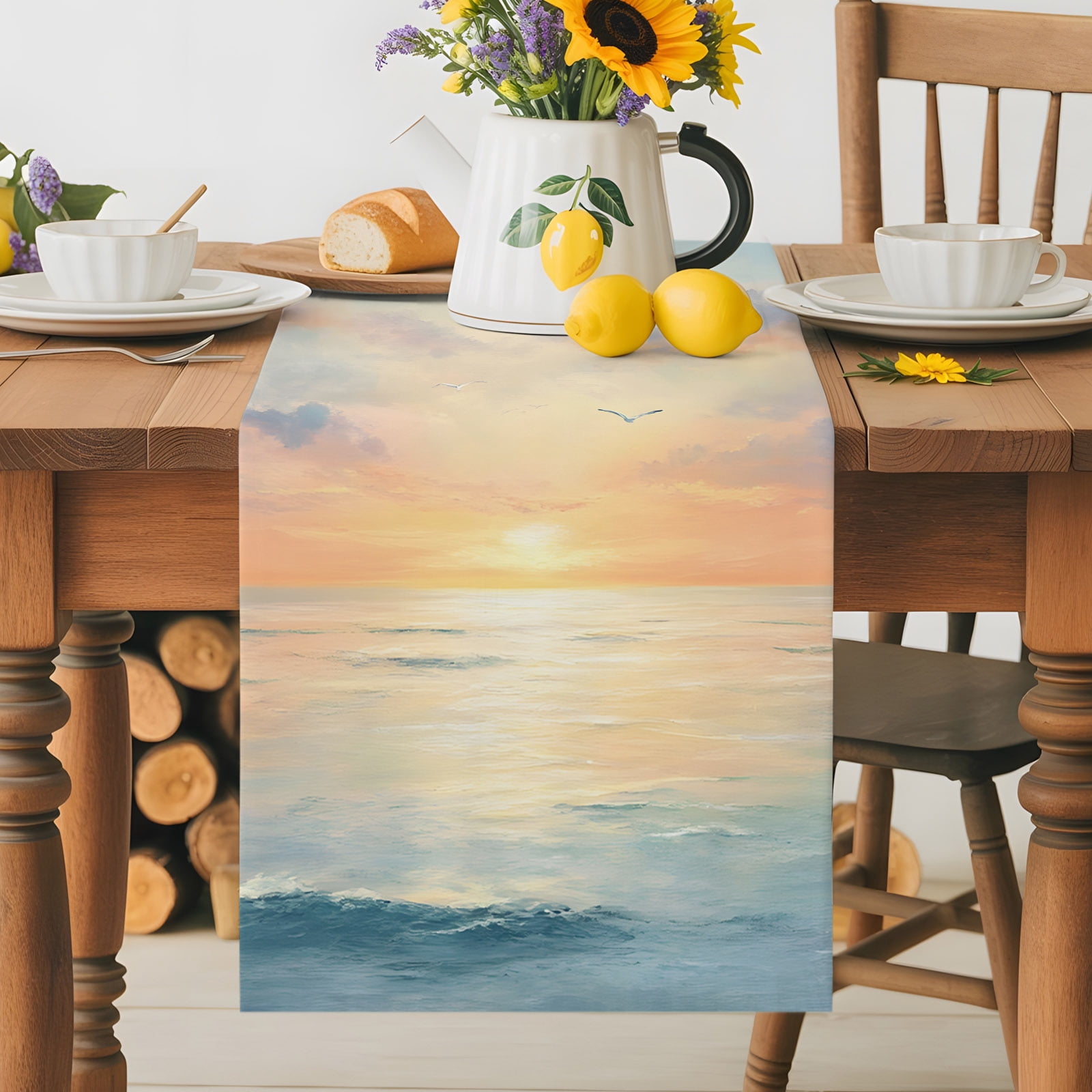 Burlap Table Runner 70 Inches Long, Sunset Sky Sea Bird Non-Slip ...