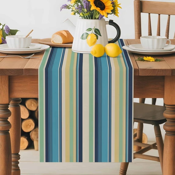 Burlap Table Runner 70 Inches Long, Teal Blue Green Stripe Non-Slip ...