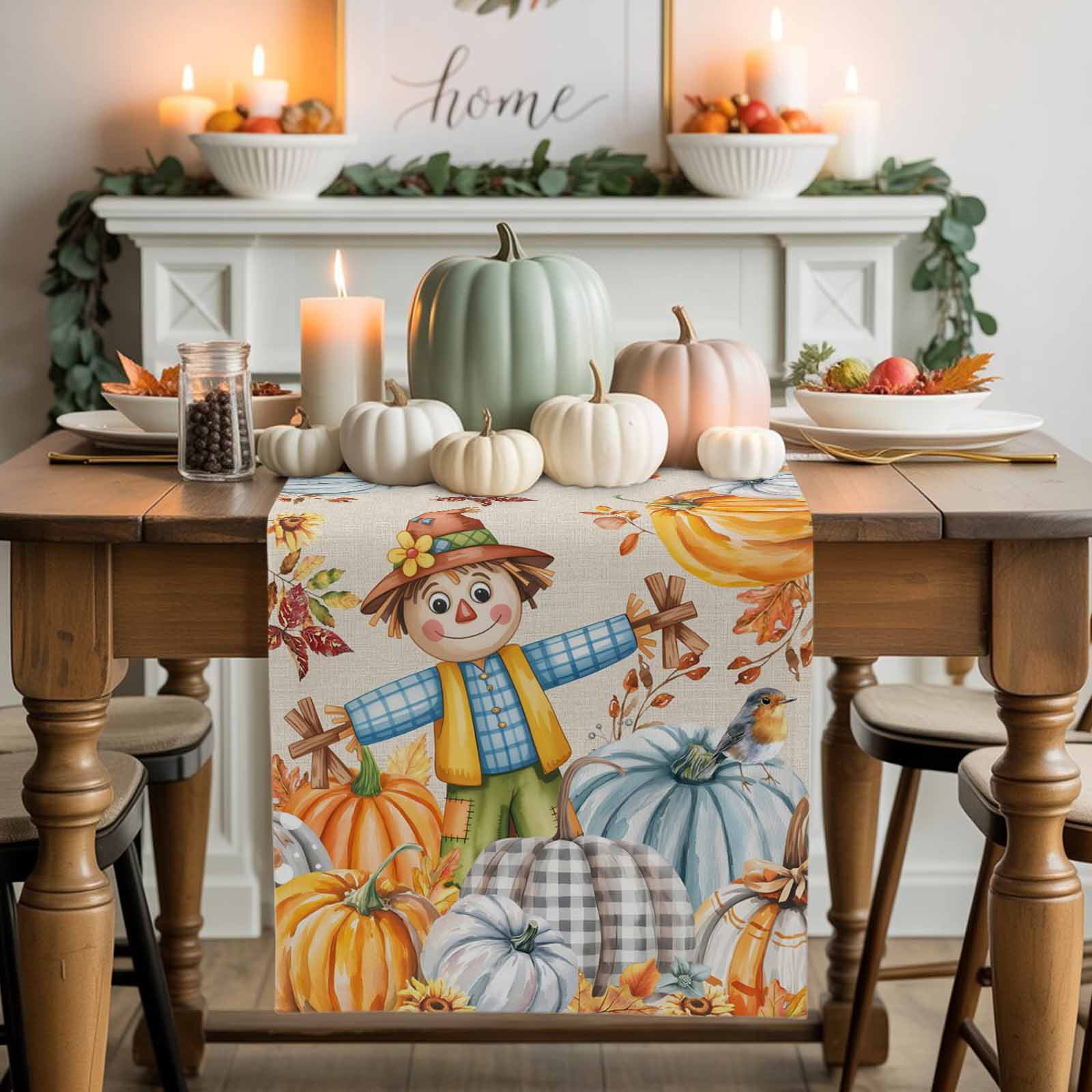 Burlap Table Runner 70 Inches Long,Thanksgiving Straw Man Pumpkin Maple ...